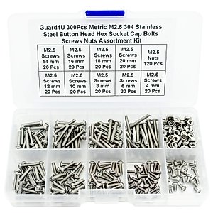 Guard4U 300Pcs Metric M2.5 304 Stainless Steel Button Head Hex Socket Cap Bolts Screws Nuts Assortment Kit- M2.5 x 4mm/ 6mm/ 8mm/ 10mm/ 12mm/ 14mm/ 16mm/ 18mm/ 20mm