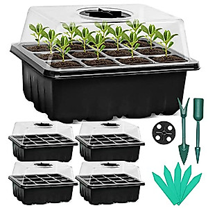 Sfee 5 Pack Seed Starter Tray Kit, 60 Cells Seedling Starter Trays with Humidity Dome and Base Greenhouse Growing Trays, Reusable Seed Germination Seedling Tray with Garden Tools Labels (Black)