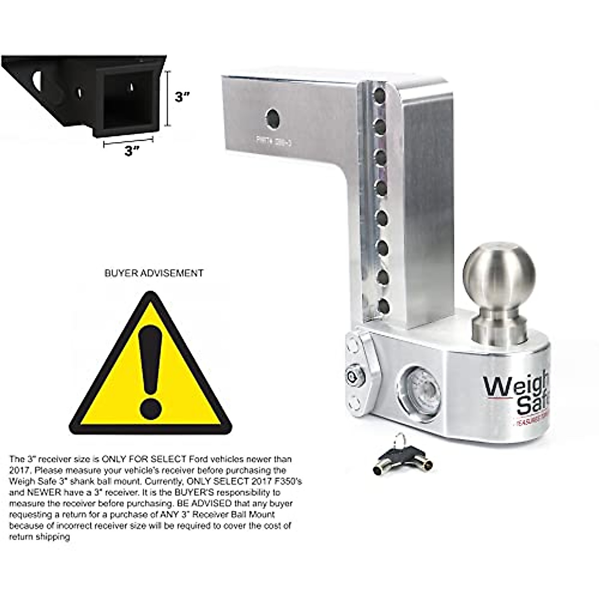 Weigh Safe Adjustable Trailer Hitch Ball Mount - 8" Drop Hitch for 3" Receiver w/ 2 pc Keyed Alike Lock Set, Premium Aluminum Trailer Tow Hitch w/ Built in Weight Scale for Anti Sway, 21,000 lbs GTW