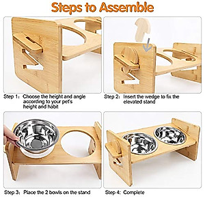 Elevated Dog Bowls,Adjustable 15° Tilted Slanted Raised Pet Food Water Feeder with Stainless Steel Bowl for Small Dogs Cat,French Bulldog Feeding Dishes with Bamboo Stand for Flat Face Puppy