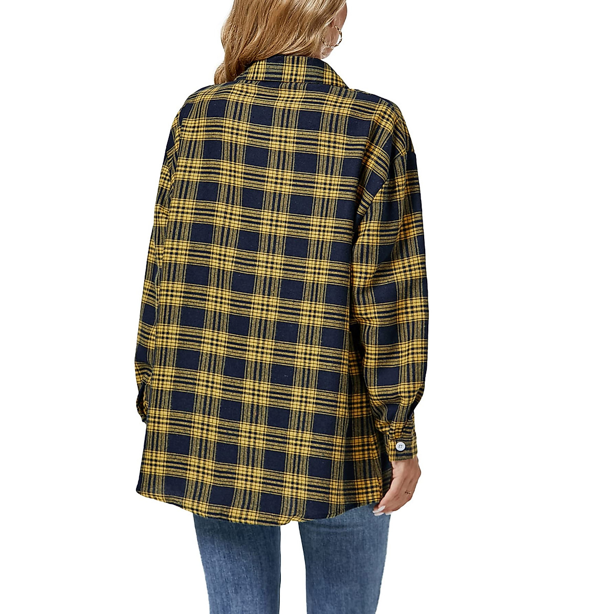 LYANER Women's Long Sleeve Plaid Collar Button Down Boyfriend Shirt Blouse Top Yellow and Blue Large
