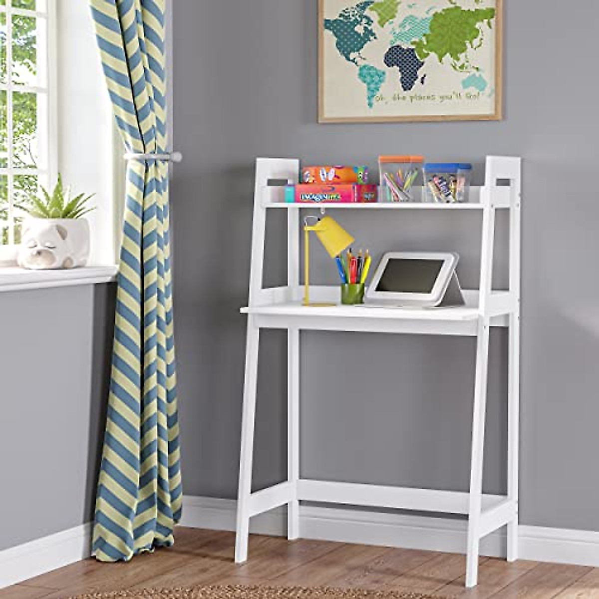 RiverRidge Kids Desk with Ladder Shelf - White Writing Table for Homework, Arts & Crafts - Spacious Tabletop with Open Shelf - Compact Design - Easy Assembly Kids Table for School-Age Children