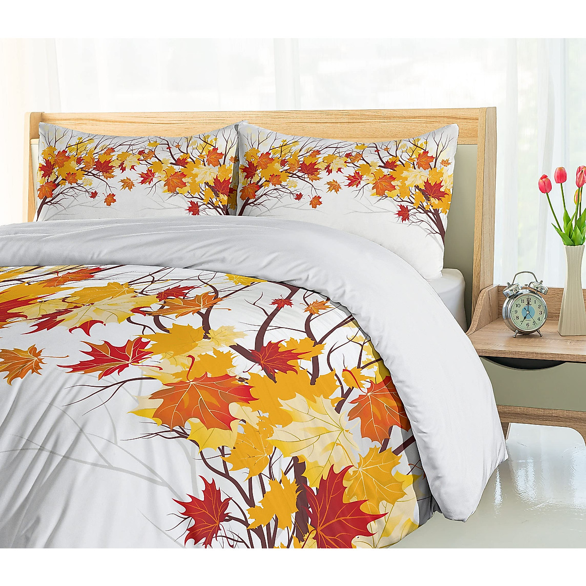 Ambesonne Fall Duvet Cover Set, Image of Canadian Maple Tree Leaves in Autumn Season Soft Reflection Effects, Decorative 3 Piece Bedding Set with 2 Pillow Shams, Queen Size, Orange White