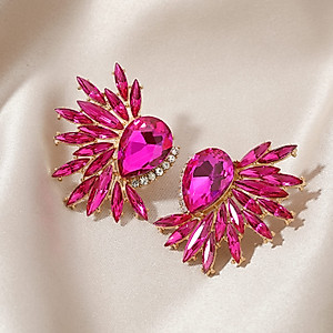Vintage Hot Pink Rhinestone Statement Earrings Retro Fancy Crystal Cluster Drop Dangle Earrings for Women Prom