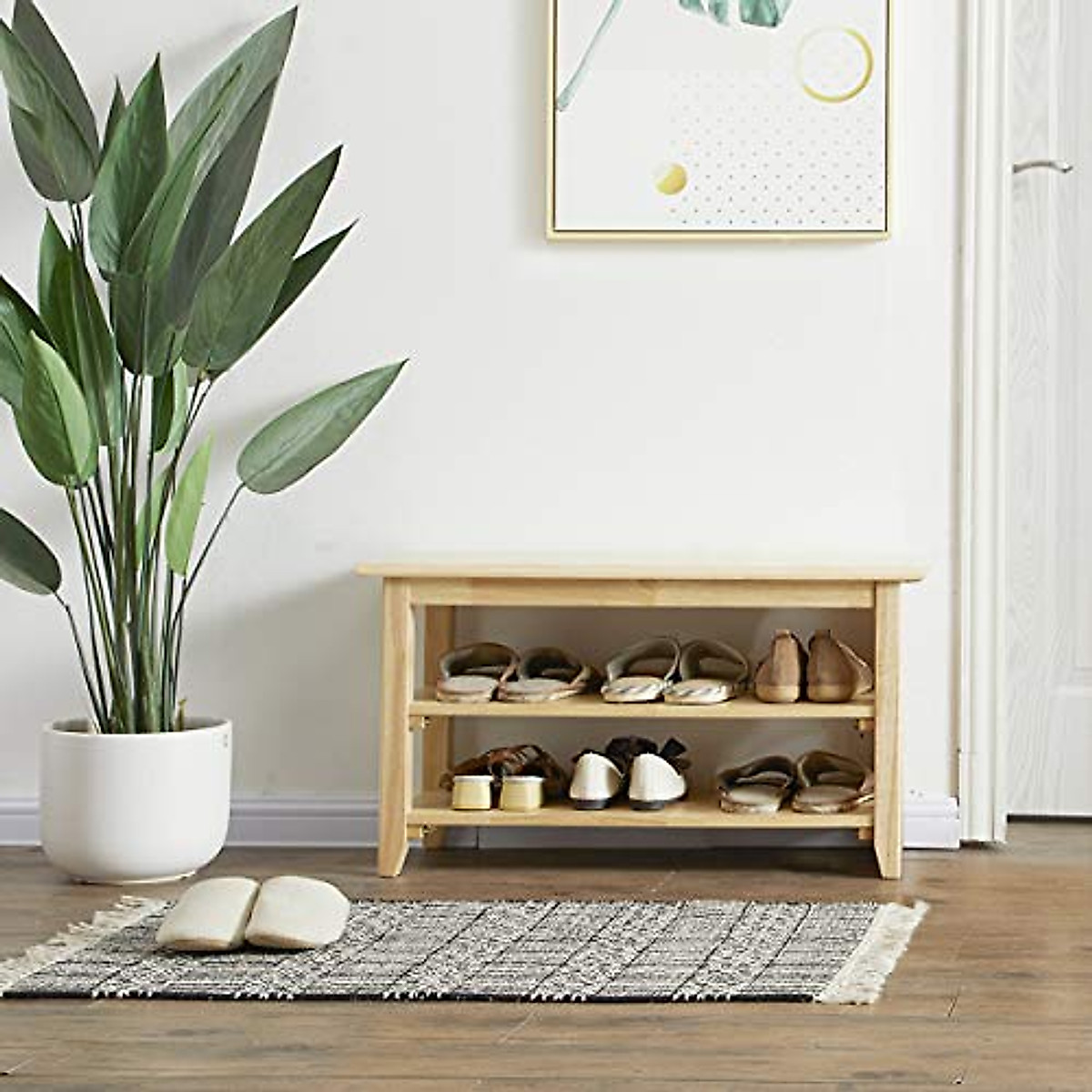 TinyTimes 3-Tier Wood Shoe Bench, Heavy Duty Shoe Rack Bench, Shoe Organizer Shelf, Ideal for Entryway, Living Room,Ideal for Entryway, Living Room, Holds Up to 550 lbs -Natural, 32"