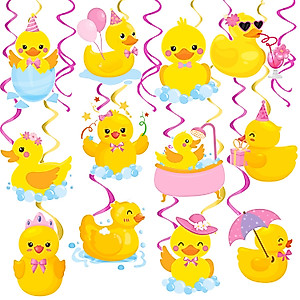 Pink Rubber Duck Hanging Swirls Rubber Duck Birthday Decorations 20PCS Duck Party Hanging Decorations Yellow Duck Ceiling Streamers for Girls Duck Themed Baby Shower Supplies