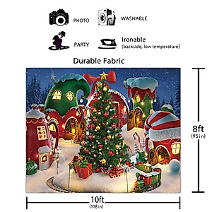 Funnytree 10x8FT Cartoon Christmas Village Photography Backdrop Winter Cabin Snow Pine Tree Background Xmas Fairy Tale Animated Kid Ice Party Photo Booth Banner Supplies Durable Soft Fabric