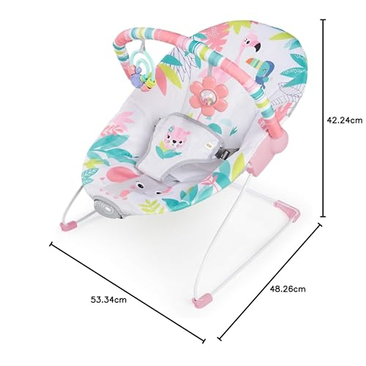 Bright Starts Baby Bouncer Soothing Vibrations Infant Seat - Removable-Toy Bar, Nonslip Feet, 0-6 Months Up to 20 lbs (Flamingo Vibes, Pink)