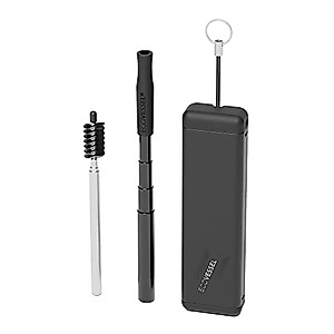 EcoVessel QUICKSTRAW – Stainless Steel Straw with Telescopic Function comes with Straw Cleaning Brush and Travel Case (Black Shadow)