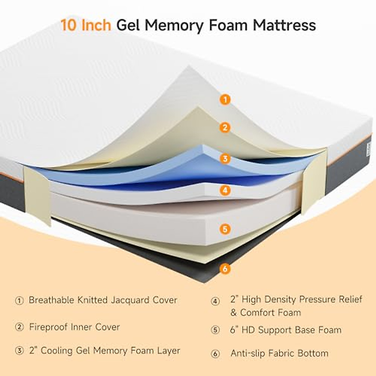 koorlian Queen Mattresses, 10 Inch Gel Memory Foam Mattress for Cooling Sleep & Pressure Relief, Queen Size Mattress in a Box with Knitted Cover, Motion Isolation, Fiberglass Free, Orange