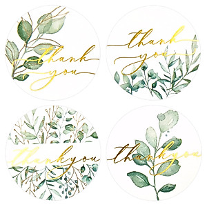 Gooji Thank You Stickers – 500Pcs Roll Greenery Gold Foil Thank You Stamp – 1.5 Inch Thank You Stickers for Packaging – 4 Designs – Ideal for Wedding and Party Favors, Envelopes, Boutiques