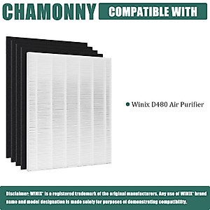 CHAMONNY D480 True HEPA Replacement Filter D4, Compatible with Winix D480 Air Purifier, Compare to Winix D4 Filter, Item Number 1712-0100-00, 1 H13 True HEPA Filters + 4 Activated Carbon Pre-Filters