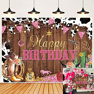 Western Cowgirl Happy Birthday Backdrop Cow Print Pink Wild Party Decorations Banner Rustic West Rodeo Boot Cowgirl Birthday Photography Background Party Supplies Banner 7X5FT(82x59inch)
