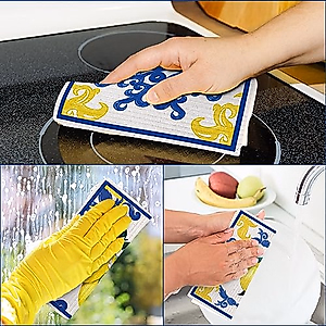 AnyDesign 6 Pack Lemon Swedish Dishcloth Blue White Tiles Lemon Kitchen Dish Towel Reusable Washable Cotton Kitchen Towel for Counter Cleaning Baking Cooking, 7 x 8 Inch