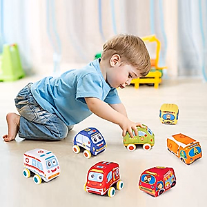 Car Toys for 1 Year Old Boy, Soft Baby Toys Set, Pull Back Car Vehicle Set Birthday Gifts Toys for Baby Toddlers Age 1 Year Old (7 Sets)
