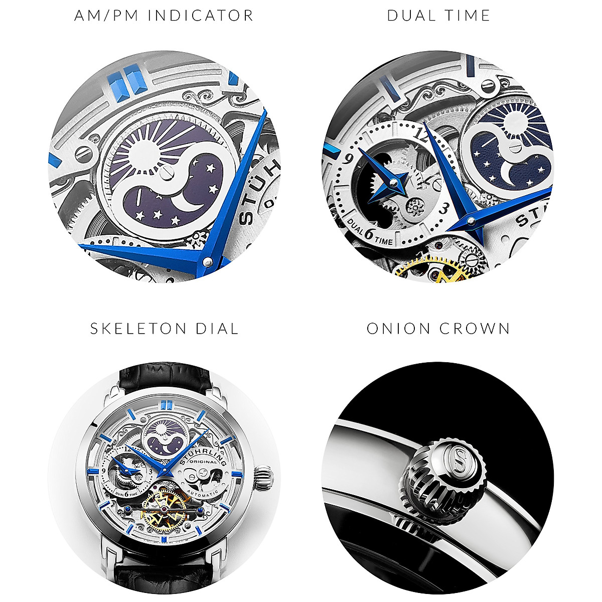 Stuhrling Original Legacy Men's Automatic Watch Stainless Steel 46 MM Case Genuine Leather Strap Watch Black (Silver)