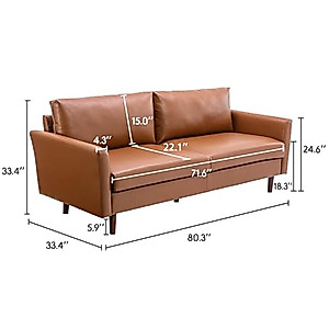 Dreamsir 80'' Faux Leather Sofa, Mid-Century Modern Loveseat Couch with Solid Wooden Frame & Padded Cushions, 3-Seater Sofa Couch for Living Room, Apartment, Lounge Room (Brown)