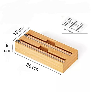 New Size 2 in 1 Wrap Dispenser with Cutter and Labels, Plastic Wrap, Aluminum Foil and Wax Paper Dispenser for Kitchen Drawer, Bamboo Roll Organizer Holder, Size 36cmx8cmx15cm