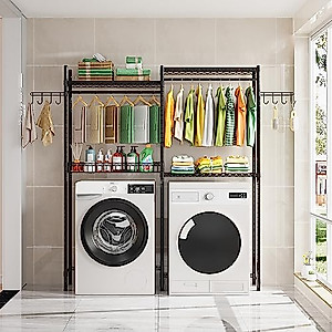 LEHOM Clothes Drying Rack,Over The Washer and Dryer Storage Shelf,Over Dryer Towel Racks Bathroom Space Saving 2 Tiers Adjustable Height Standing Shelving Units with Wire Basket Side Hook-Carbon Steel