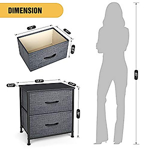 Yesker Nightstand with 2 Fabric Drawers - Sturdy Steel Frame, Small Dresser Storage Tower Organizer Unit for Child Room Bedroom Hallway Entryway Closets, Wide Wood Top, Easy Pull Handle Black Grey