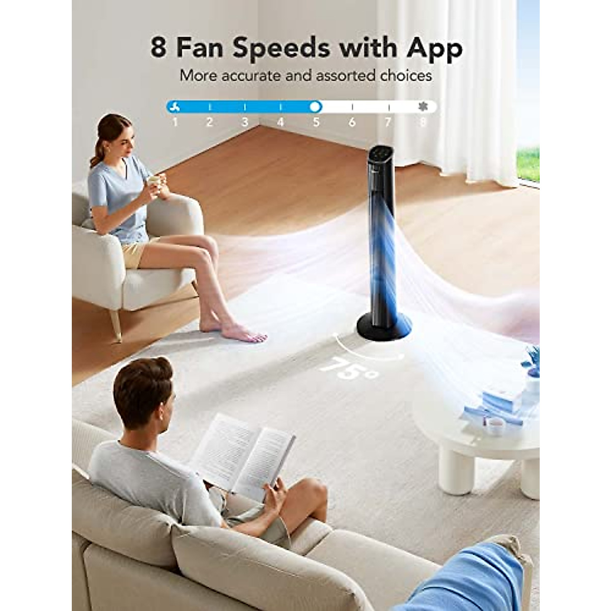 GoveeLife 36'' Smart Tower Fan for Bedroom Bundle with Hygrometer Thermometer H5104, Bluetooth Room Temperature Monitor with APP Alert and 2 Years Date Storage Export, Remote LCD Digital Display