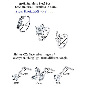 Pnsgisr Nose Rings Studs Hoops Piercings Jewelry for Women Men 20g 20 Gauge Silver Surgical Stainless Steel l Shaped Shape Stuf Bar Big Hypoallergenic Butterfly Nostril Aretes Para La Nariz