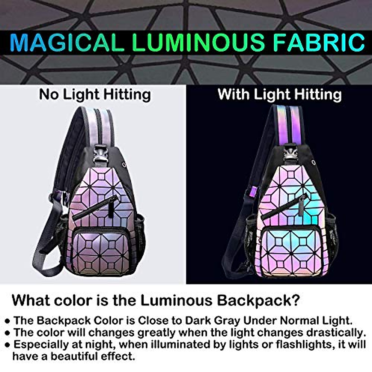 Geometric Luminous Backpacks Holographic Reflective Bag Lumikay Purse Irredescent Crossbody Bag Prism Sling Bag for Women Men NO.2