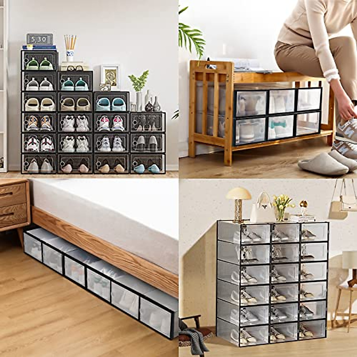 Potahouse Shoe Storage Organizer, 12 Pack X-Large Clear Plastic Stackable Shoe Boxes with Lids, Fit Size 11-12, Sneaker Containers Bins Space Saving for Entryway Closet Floor, Black