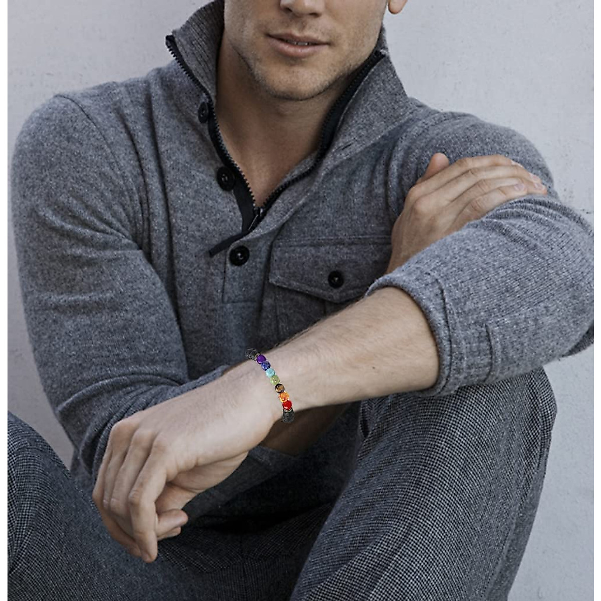 SAMOCO 16Pcs Men Women 8mm Lava Rock 7 Chakras Aromatherapy Essential Oil Diffuser Bracelet Braided Rope Natural Stone Yoga Beads Bracelet Bangle