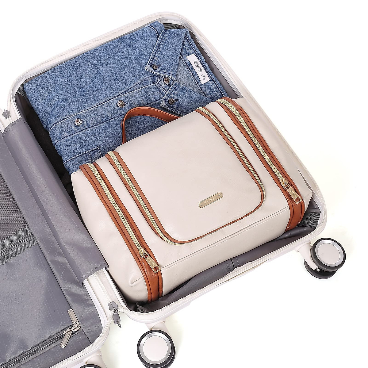 CLUCI Toiletry Bag Travel Bag, with Hanging Hook Water-resistant Makeup Cosmetic Bag Travel Organizer for Accessories Shampoo Full Sized Container Toiletries, Off White