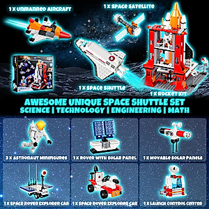 Space Exploration Shuttle Toys for 6 7 8 9 10 11 12 Year Old Kids, Girls, Boys, 12-in-1 STEM Projects Rocket Building Toy Kit with 3 Astronauts, Airplane Rocket Set, Gift idea for Ages 6 +, 885 Pcs
