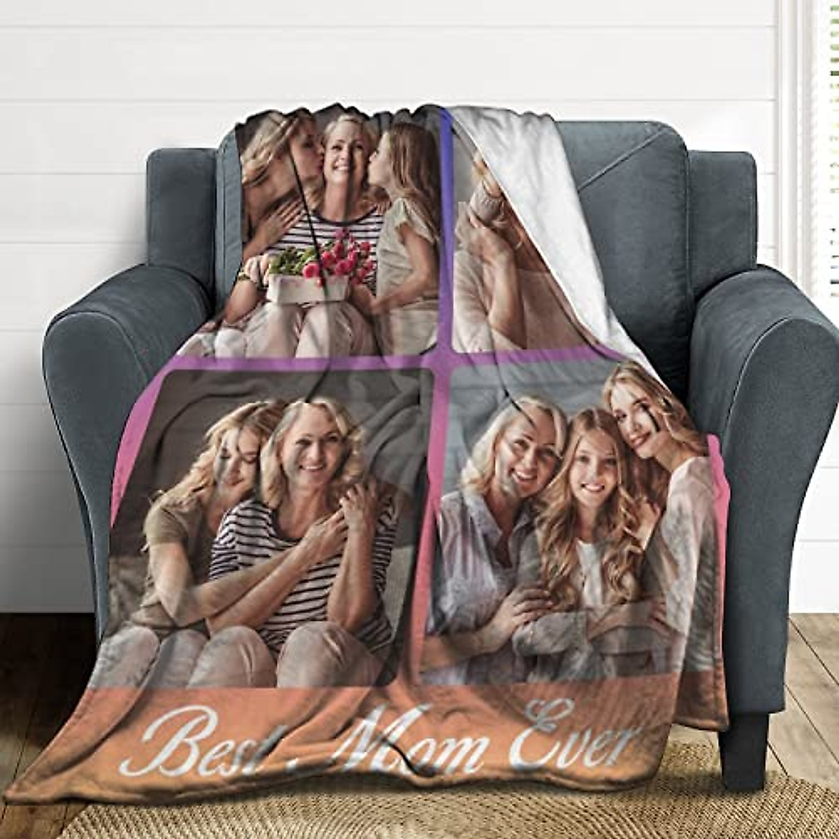 Customized Mothers Day Birthday Gifts for Mom Grandma Women, Personalized Throw Blanket with Photos to My Mom Gift from Daughter Son, Custom Mom Blanket with Pictures Text Made in USA