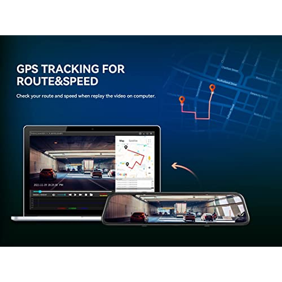 2.5K 12 inches UHD Mirror Dash Cam Front and Rear Camera, GPS Rearview Mirror Camera for Cars & Trucks with IPS Touch Screen, Enhanced Night Vision, Waterproof Backup Camera, Emergency Lock, black