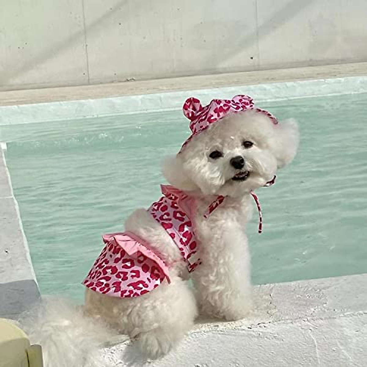 MuYaoPet Leopard Dog Bikini Beach Swimsuit with Dog Hat Swimming Cap Puppy Bathing Dress Suit Summer Pet Clothes Cat Costumes for Small Dog (Large, Pink)