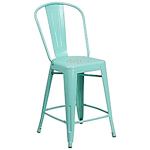 Merrick Lane Stella 24" Metal Indoor-Outdoor Counter Stool with Vertical Slat Back and Integrated Footrest in Mint Green