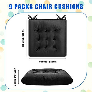 Roowest 9 Pack Seat Cushion Chair Cushions Pads with Ties Non Slip Chair Mat for Kitchen Office Dining Chairs Sofa Patio Furniture Indoor Outdoor Use, 16 x 16 Inch (Black)