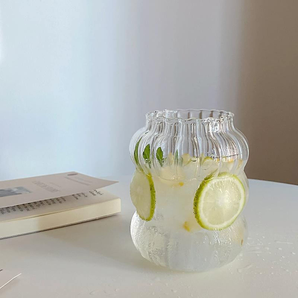 URMAGIC Ribbed Glass Cup,1 Pcs Creative Drinking Glasses,14/22 Oz Wave Shape Beverage Glasses,Origami Style Glass Cup,Ribbed Glassware,Ripple Drink Cup,Whiskey Glasses,Beer Glasses,Coffee Mug (22Oz)