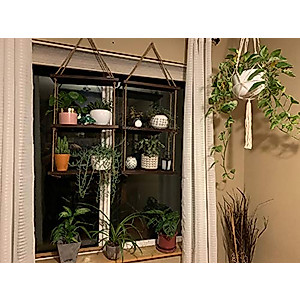 HXSWY Rustic Rope Hanging Shelves for Wall Wood Window Plant Shelf Indoor 3 Tier Dark Brown