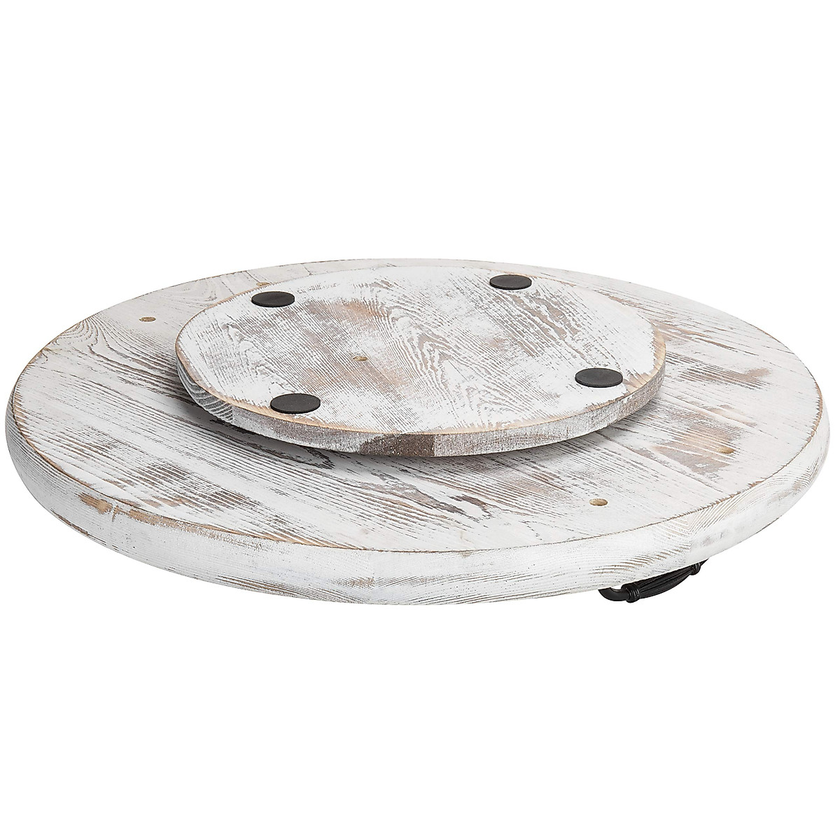MyGift 18-Inch Whitewashed Wood Turntable with Metal Handles - Lazy Susan Kitchen Serving Spinning Tray