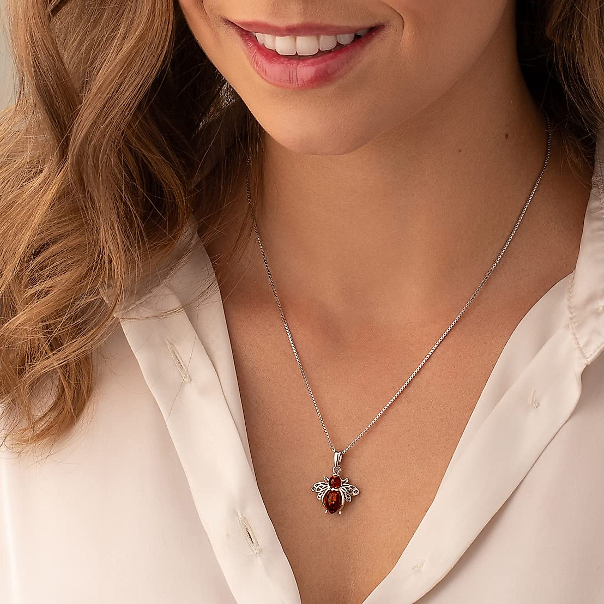 PEORA Genuine Baltic Amber Bee Pendant Necklace for Women 925 Sterling Silver, Rich Cognac Color, with 18 inch Chain