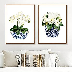 VLOLIFE White Orchid & Magnolia Watercolor Chinoiserie Decor Canvas Print Oriental Vase Blue White Willow Style Porcelain Flower Jar No Frame, 16X24inchX2 Unframed
