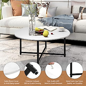 TOYSINTHEBOX Round Coffee Table Modern Coffee Table Sofa Table Tea Table for Living Room, Office Desk, Balcony, Wood Desktop and Metal Legs, White Marble, 31.5"
