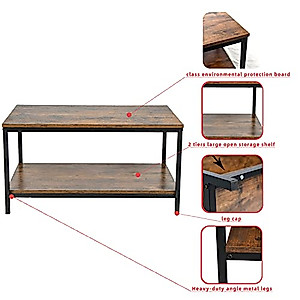 SENIG Coffee Table, Small Coffee Table for Living Room, Coffee Tables with Storage Shelf，Brown Coffee Tables for Small Spaces, Rectangle Wood Table Metal Side End Table, Center Table for Living Room