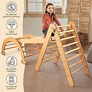 5 in 1 Indoor Play Equipment for Kids, Montessori Climbing Triangle + Wooden Arch + Slide Board + Playground Net Promotes Balance and Motor Skills, Waldorf Climbing Toys Aged 6 Months to 7 Years