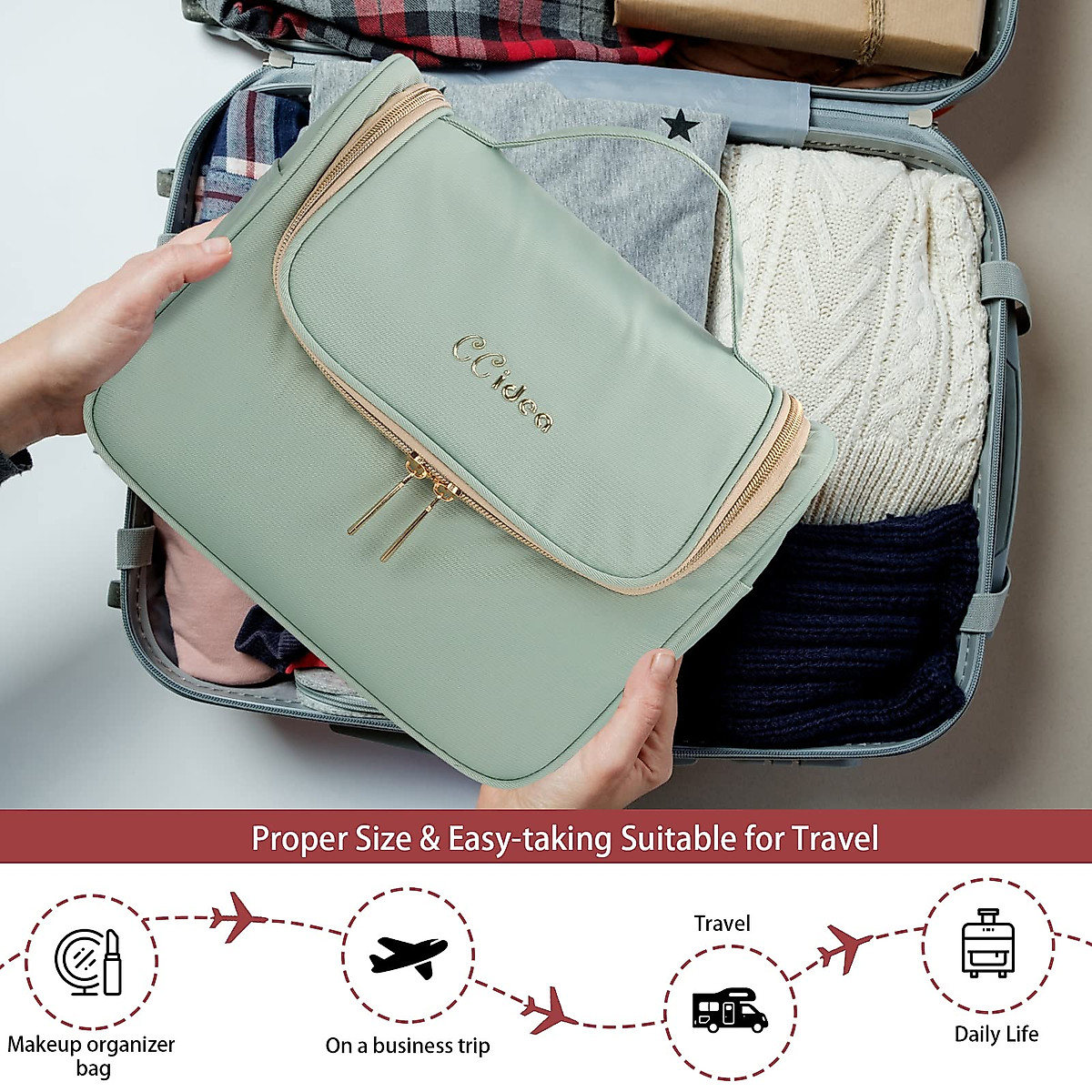 CCidea Cosmetic Bag Makeup Bag for Women Hand-PortableTravel Large Toiletry Bag Organizer (Green)