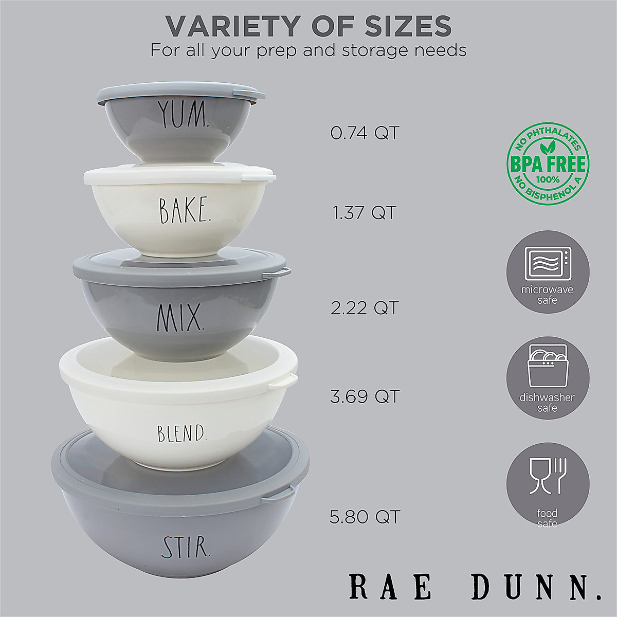 Rae Dunn Mixing Bowls with Lids - 10 Piece Plastic Nesting Bowls Set includes 5 Prep Bowls and 5 Lids (Grey)