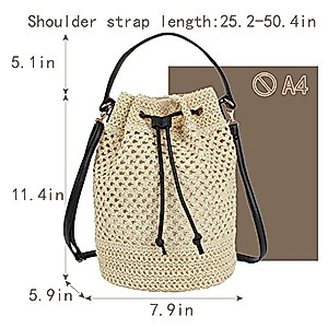 Van Caro Straw Shoulder Bag Straw Tote Straw Crossbody Bag Handwoven Drawstring Bucket Bag Beach Bag for Women,Beige