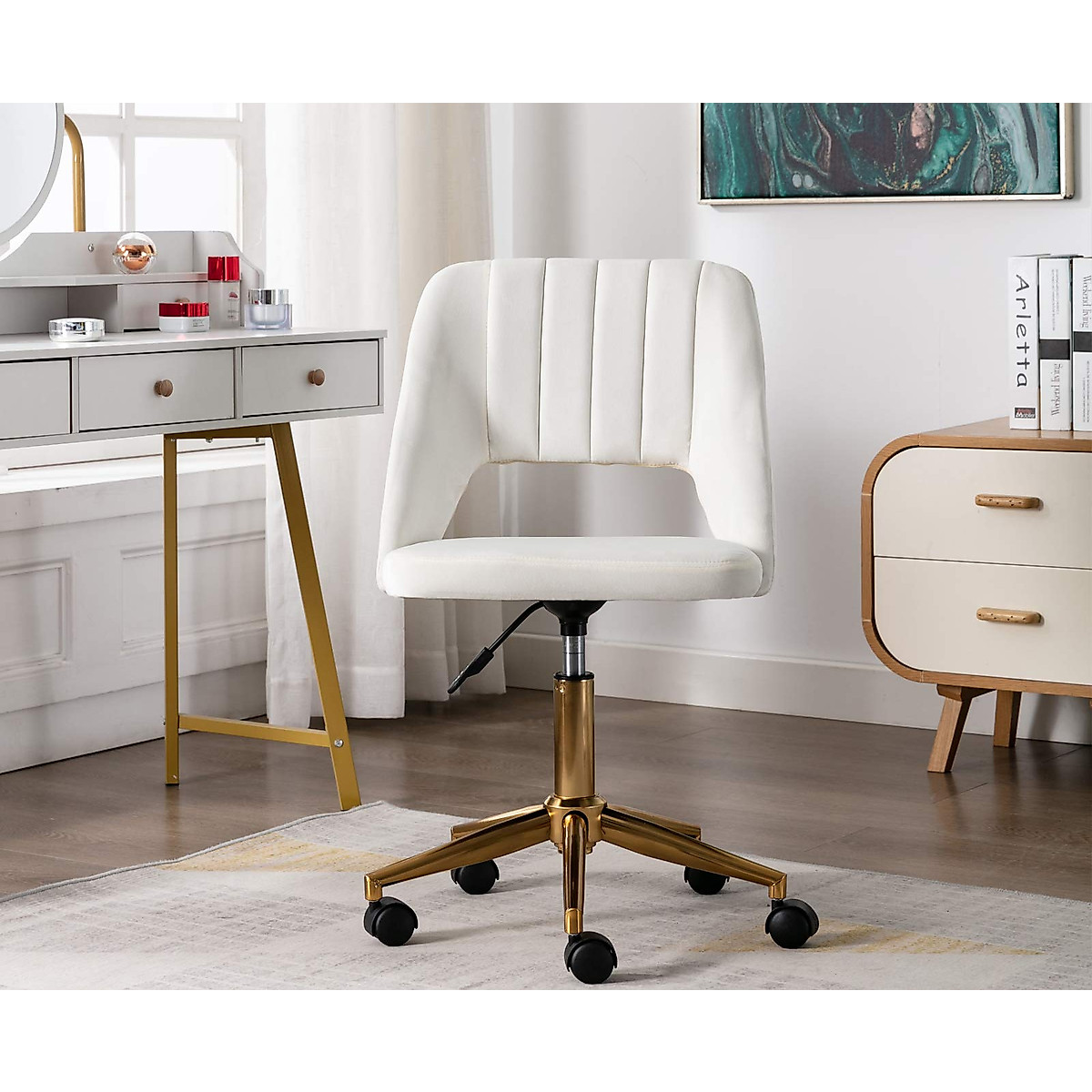 DM Furniture Velvet Office Desk Chair with Wheels, Mid Back Modern Home Office Chair Small and Cute for Bedroom, White with Gold Base