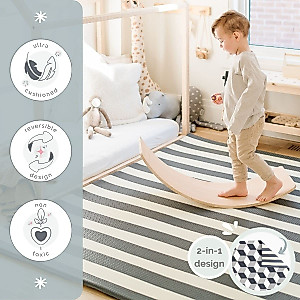 Large Waterproof Thick Padded Foam Baby Play Mat for Infants, Babies, Toddlers - for Play, Crawling & Tummy Time - 70 x 59 in. - Reversible, Double-Sided, Non-Toxic, Non-Slip Playmat - Grey Geo/Stripe