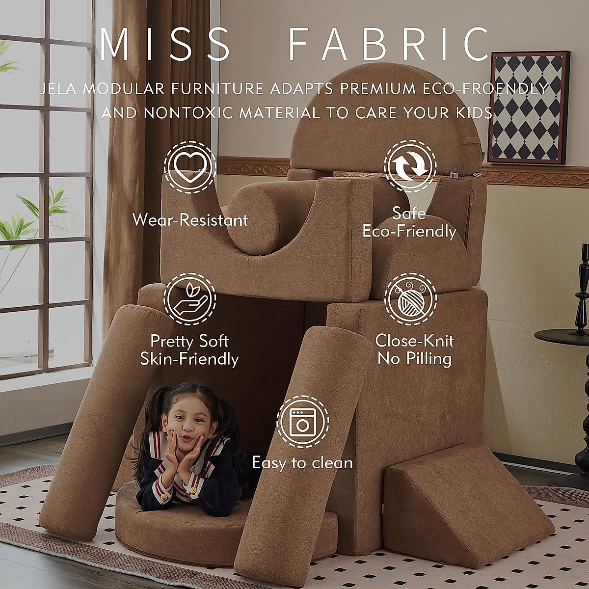 jela Kids Couch 14PCS Luxury, Floor Couch Floor Sofa Modular Furniture for Adults, Playhouse Play Set for Toddlers Babies, Modular Foam Play Couch, Modular Sectional Sofa (Coffee, 57"x28"x18")